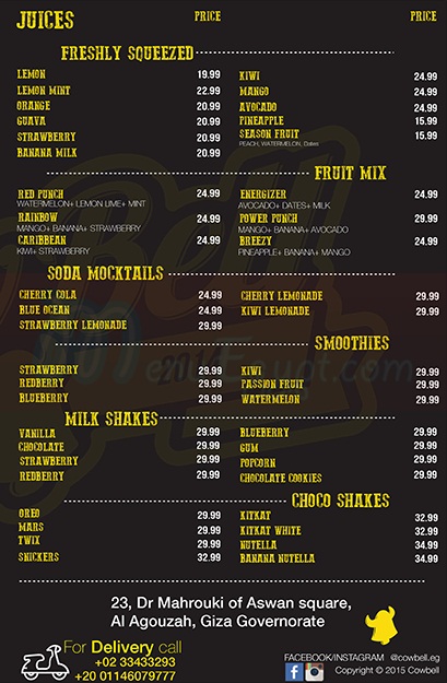 Menu delivery - hotline - Cowbell Burger | منيو ورقم مطعم كاوبيل | Egypt